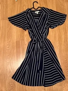 Monteau | Dresses | Monteau Navy And White Verticalstriped Midi Dress ...